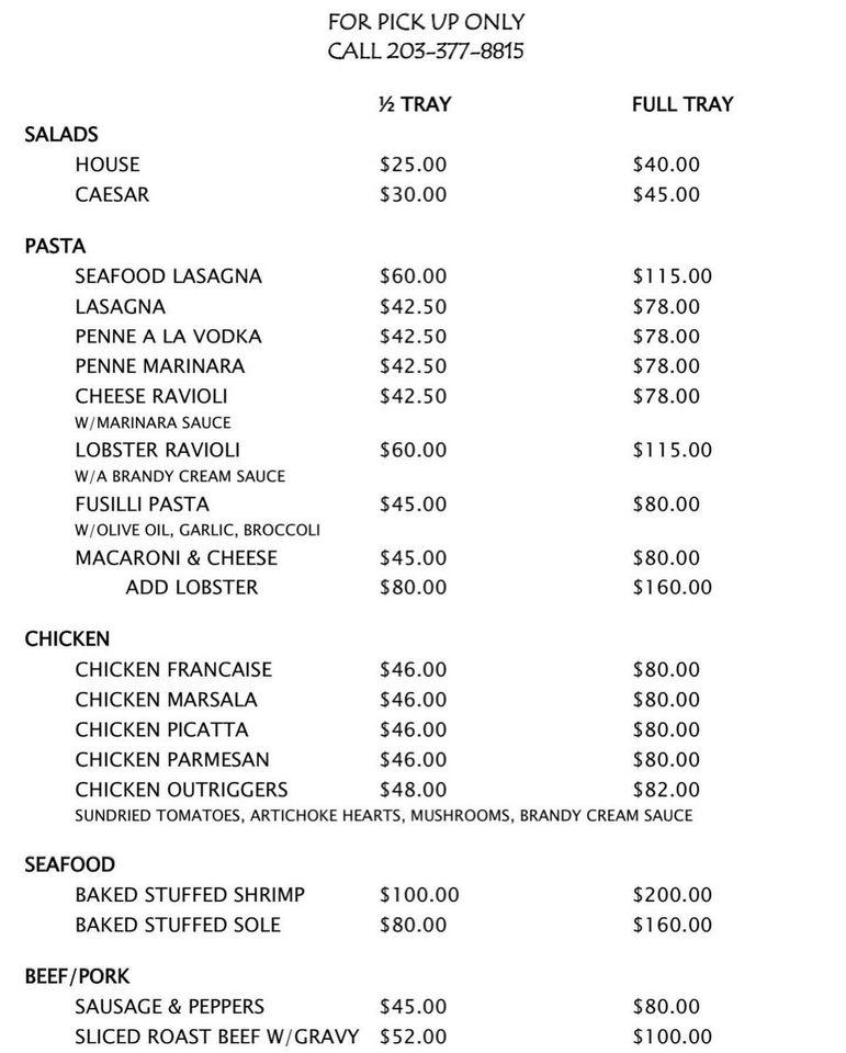 Menu at Outriggers Restaurant, Stratford