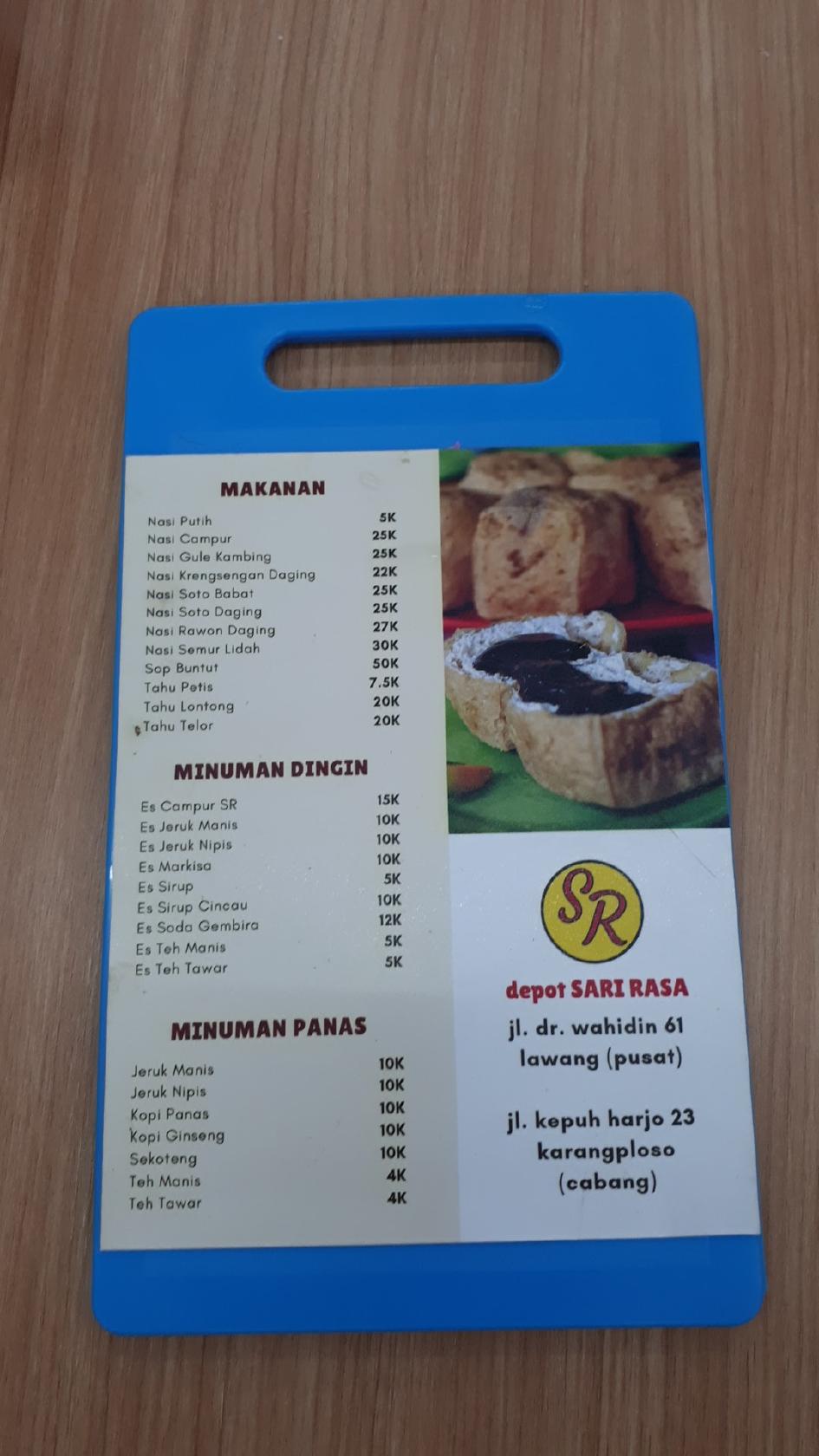 Carta del restaurante Sari Rasa Karangploso, Malang, Jl. Raya Kertanegara