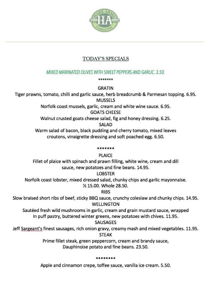 Menu at Hare Arms Stow Bardolph, Stow Bardolph, Lynn Rd