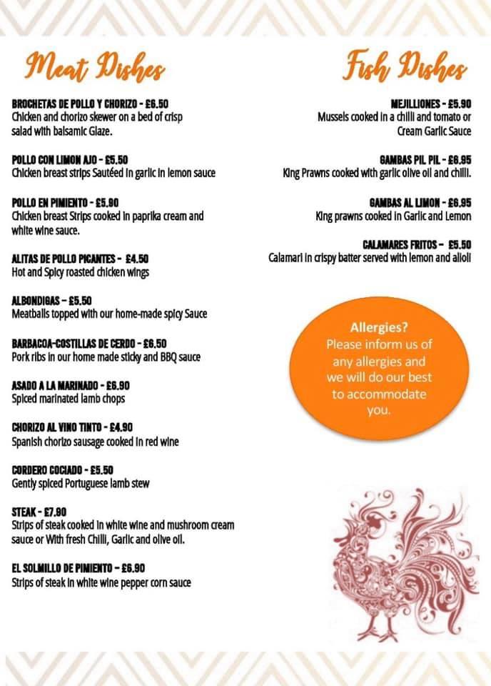 Menu at The Orange Tree Tapas restaurant, Manchester