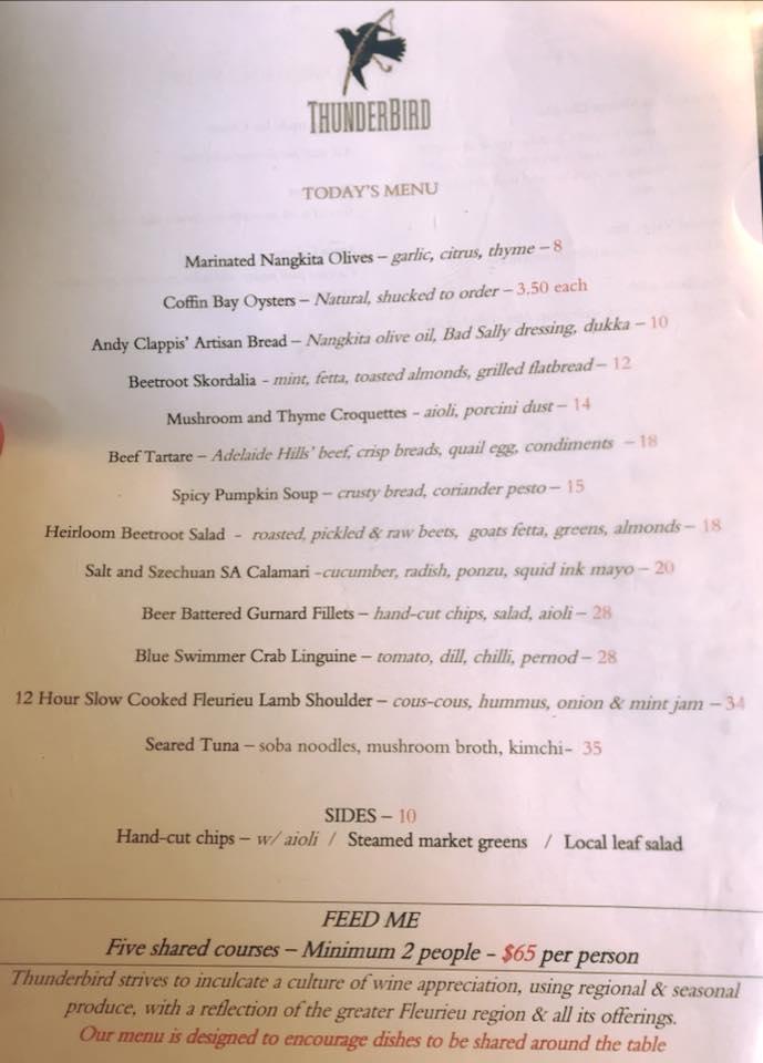 Menu at Thunderbird restaurant, Port Elliot