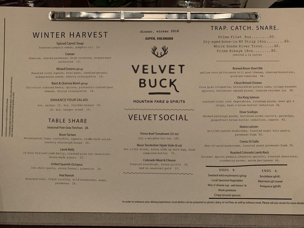 Menu at Velvet Buck pub & bar, Aspen