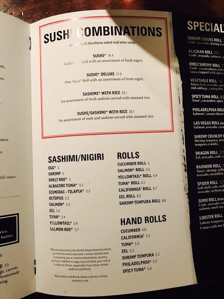 Menu at Benihana restaurant, Burlingame, Old Bayshore Hwy