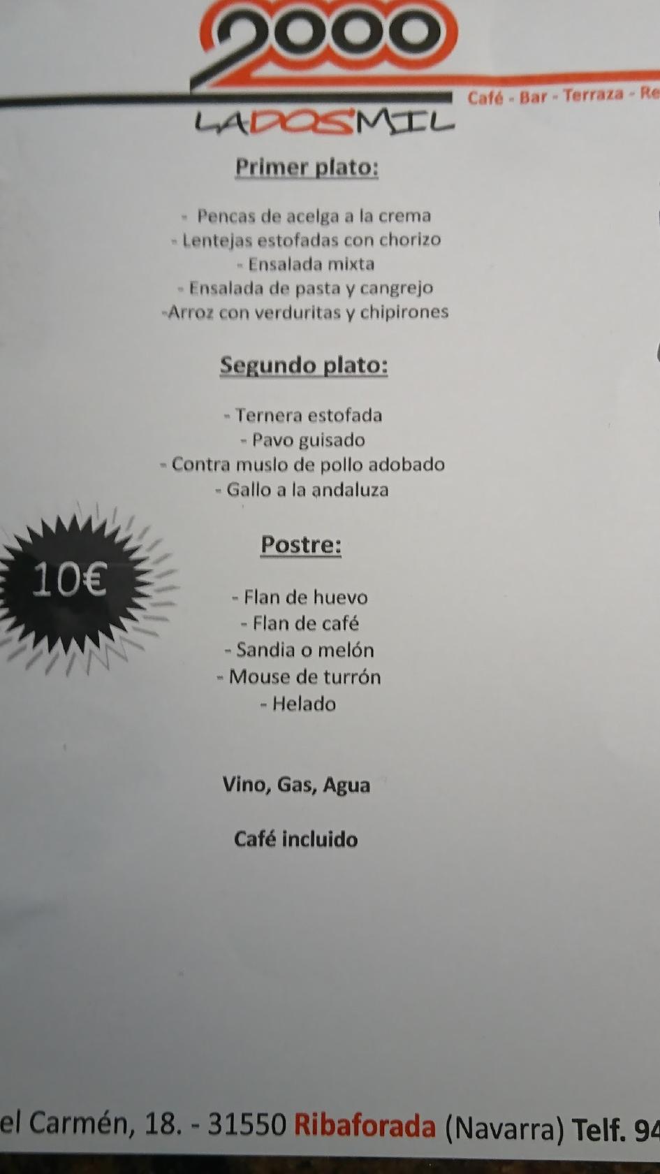 Menu at Cafeteria 2000, Ribaforada