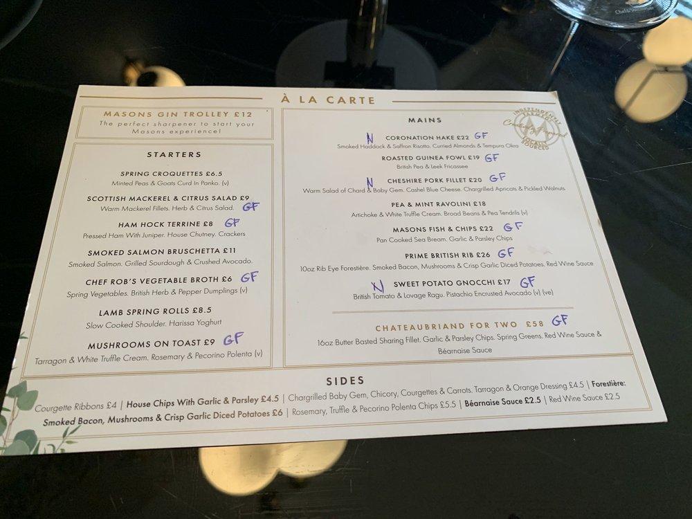 Menu at Masons Restaurant Bar, Manchester