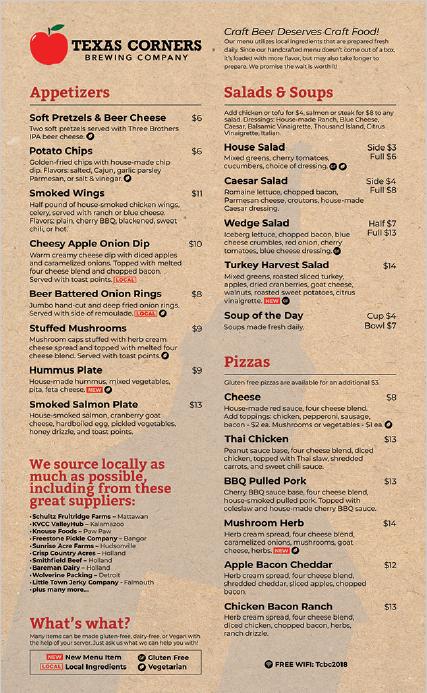 Menu at Texas Corners Brewing Company pub & bar, Kalamazoo