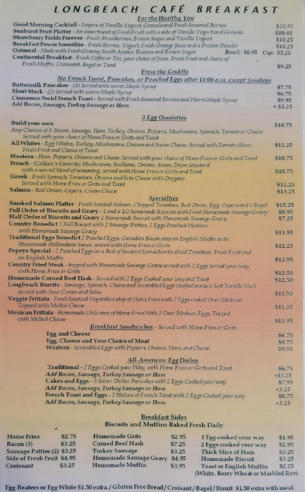 Menu at Longbeach Cafe, Longboat Key