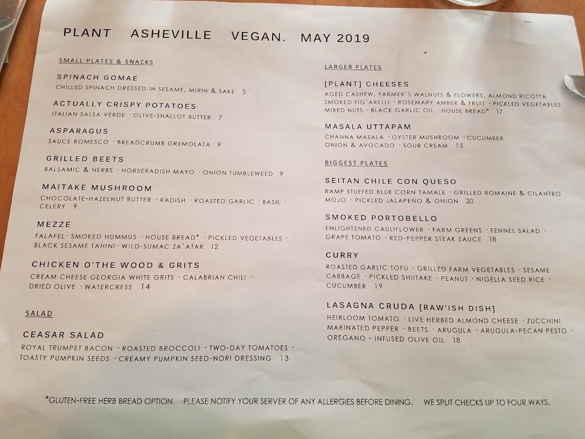 Menu at plant restaurant, Asheville