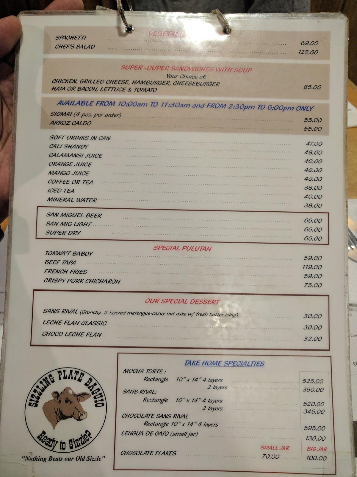 Carta del restaurante Sizzling Plate Carino, Baguio, 4 Carino St