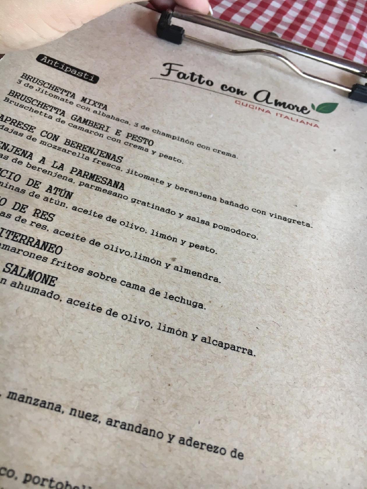 Carta del restaurante Fatto con Amore, Guadalajara