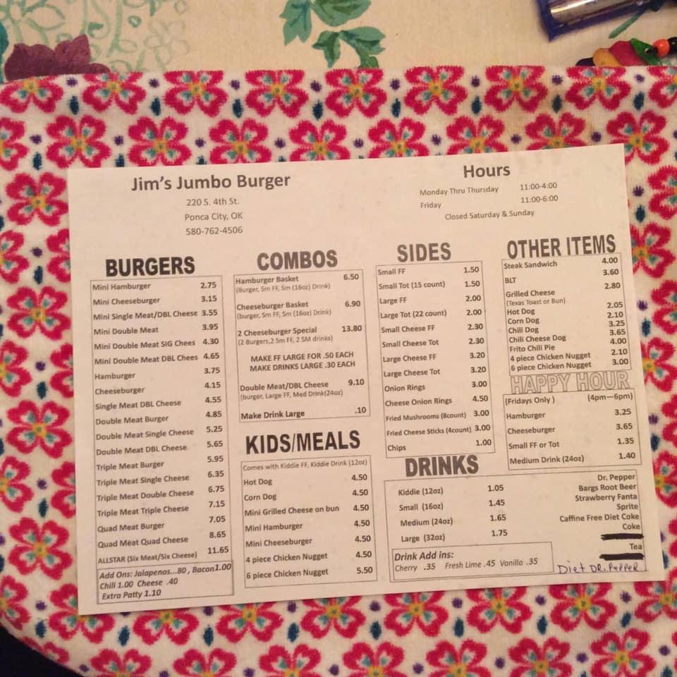 Menu at Jim's Jumbo Burger restaurant, Ponca City