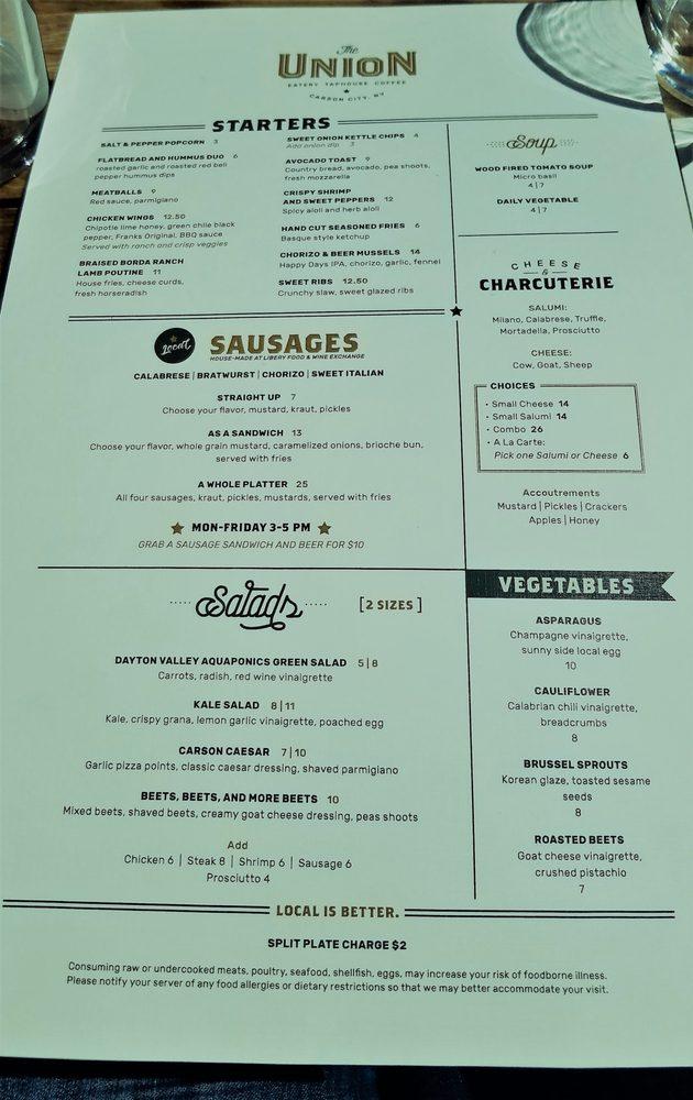 Menu at The Union pizzeria, Carson City