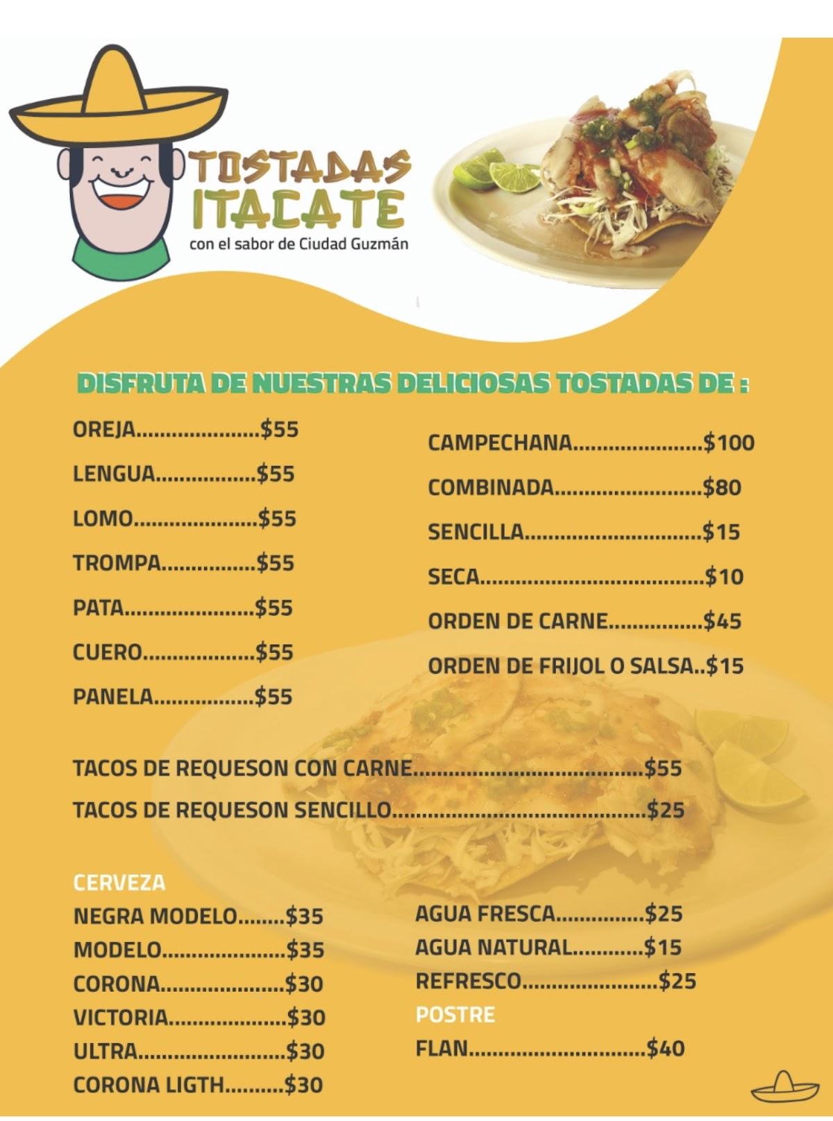 Menu at Tostadas Itacate restaurant, Guadalajara