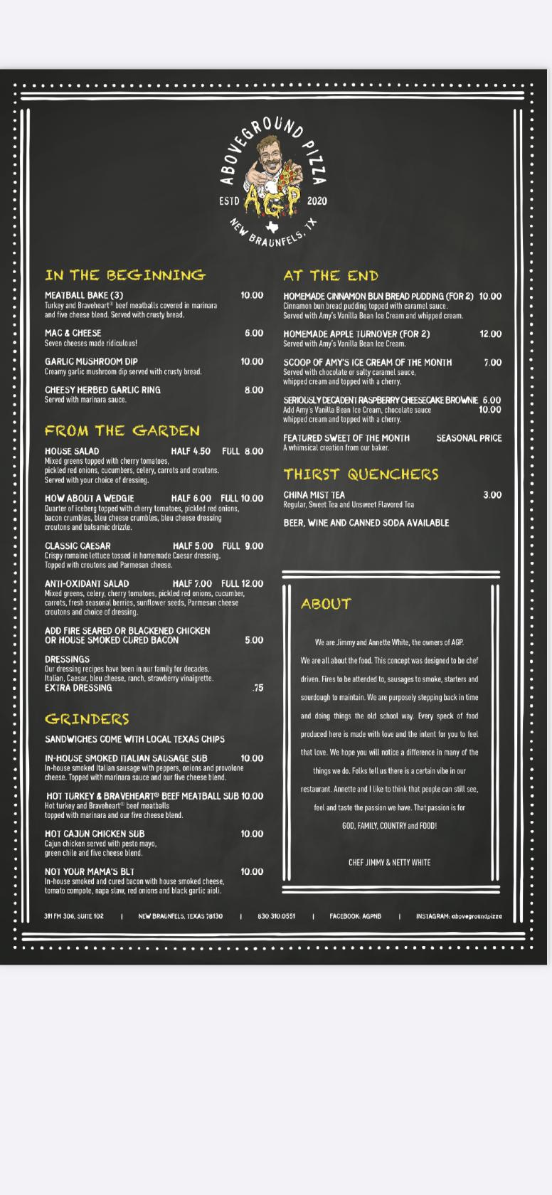 Menu at Above Ground Pizza pizzeria, New Braunfels