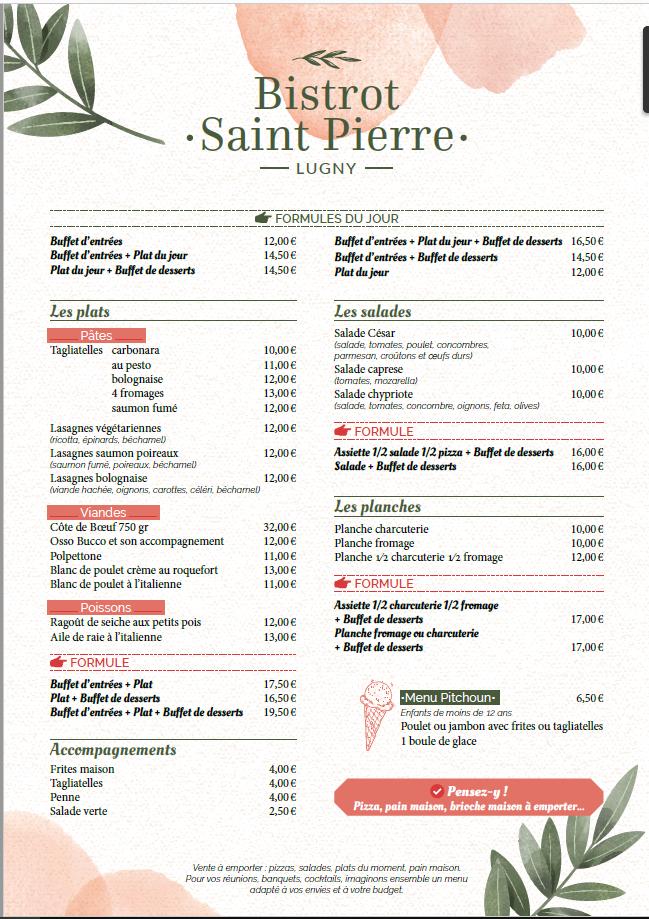 Menu at Bistrot Saint-Pierre restaurant, Lugny