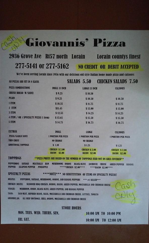 Menu at Giovanni's Pizza pizzeria, Lorain