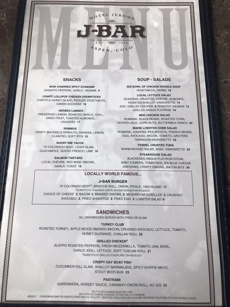 Menu at J-Bar, Aspen