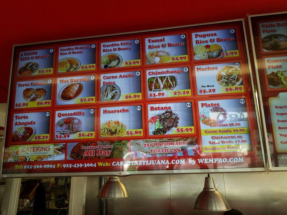 Menu at Taqueria Carnitas Tijuana restaurant, Concord