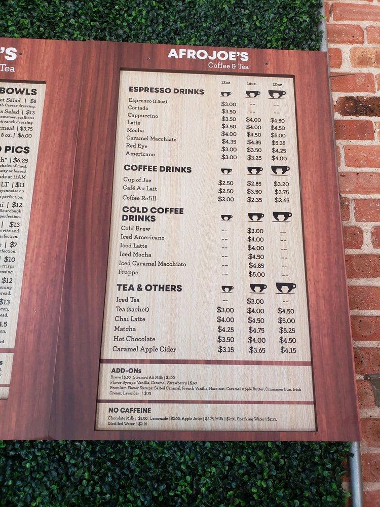 Menu at Afro Joes Coffee & Tea restaurant, Chicago