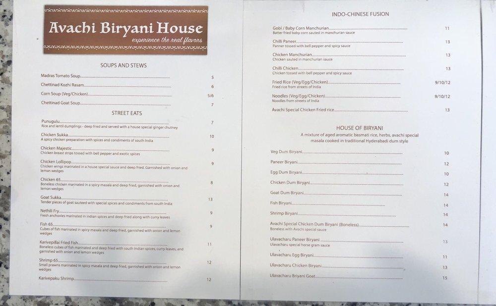 Menu at Avachi Biryani House restaurant, Cupertino