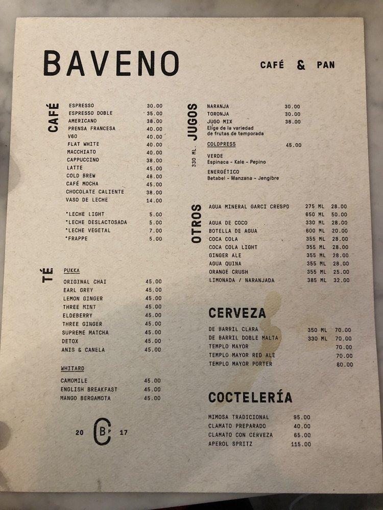 Menu at Baveno cafe, Ciudad López Mateos
