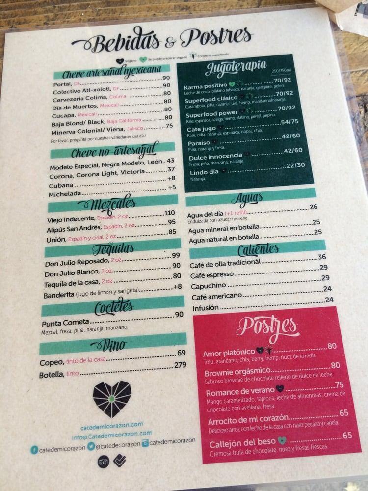 Menu at Cate de mi Corazon restaurant, Mexico City