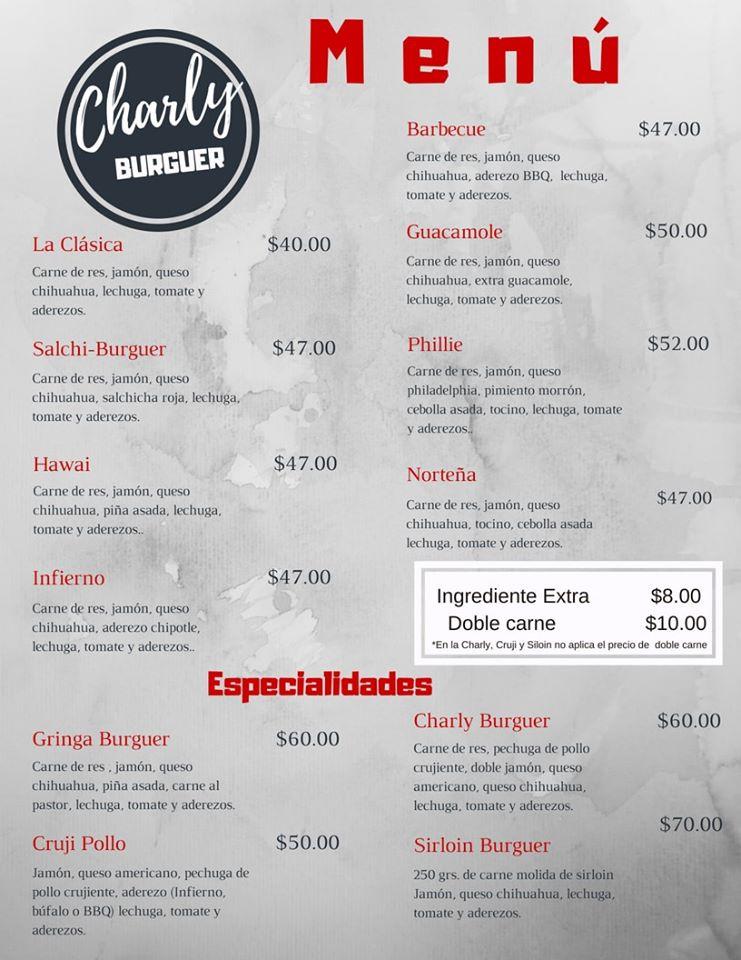Menu at Charly Burguer restaurant, Saltillo