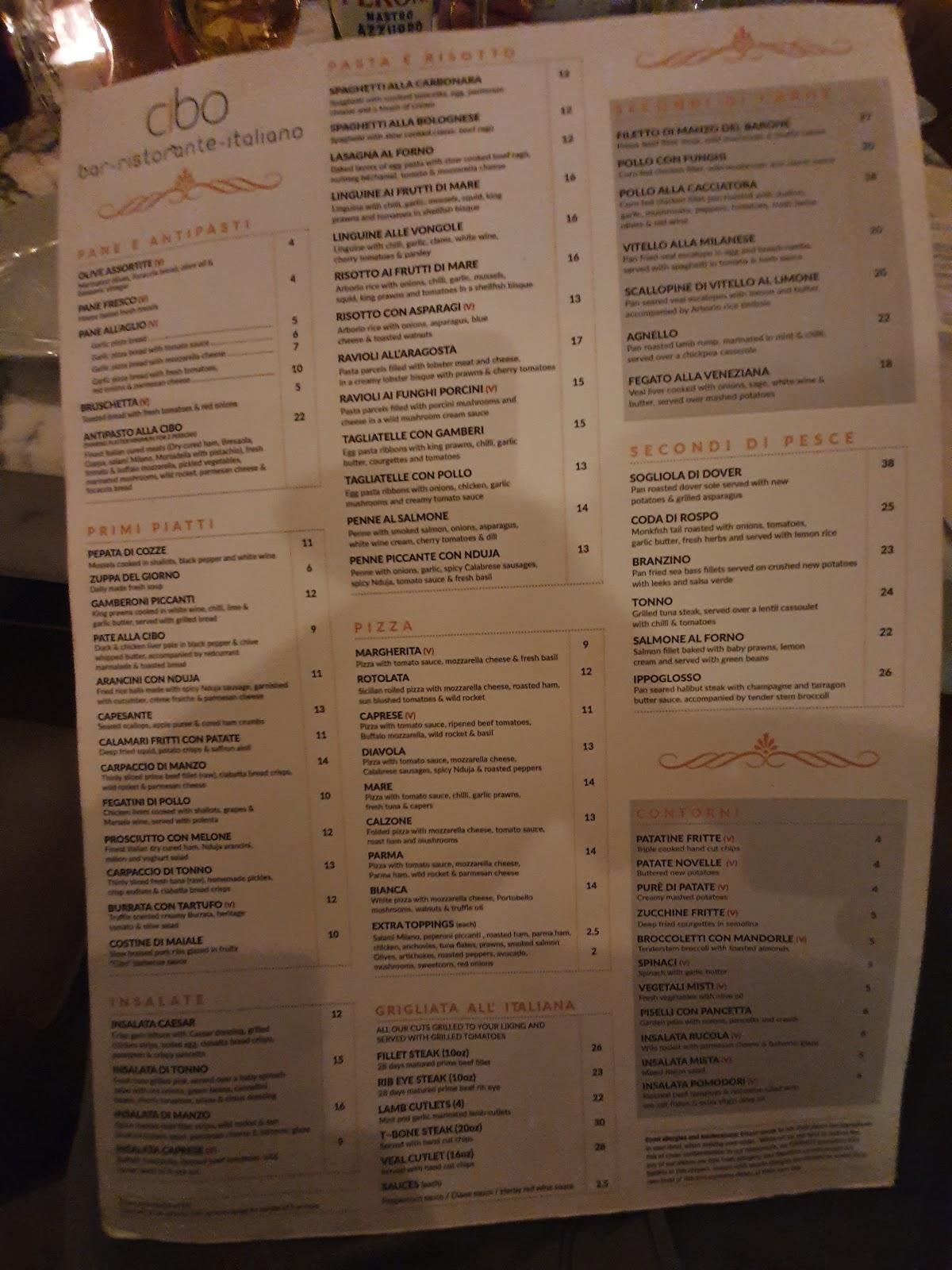 Menu at Cibo Hale restaurant, Hale