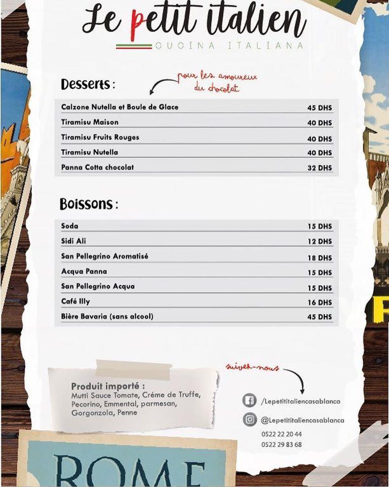 Menu at Le Petit Italien restaurant, Casablanca