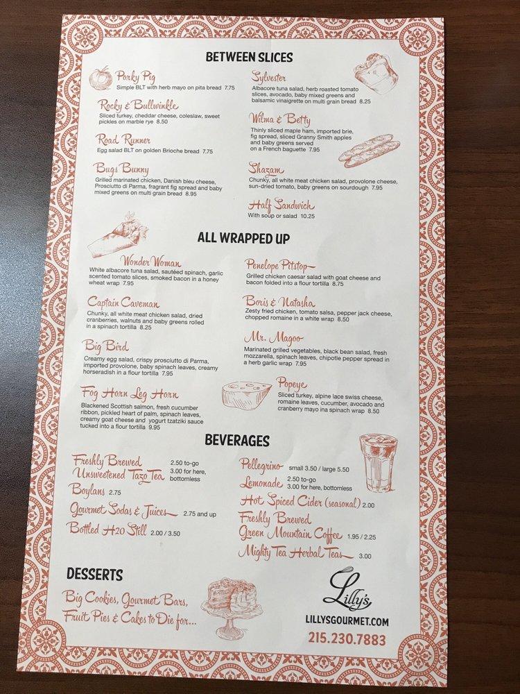 Menu at Lilly's Gourmet cafe, Doylestown, 1 W Court St ste A