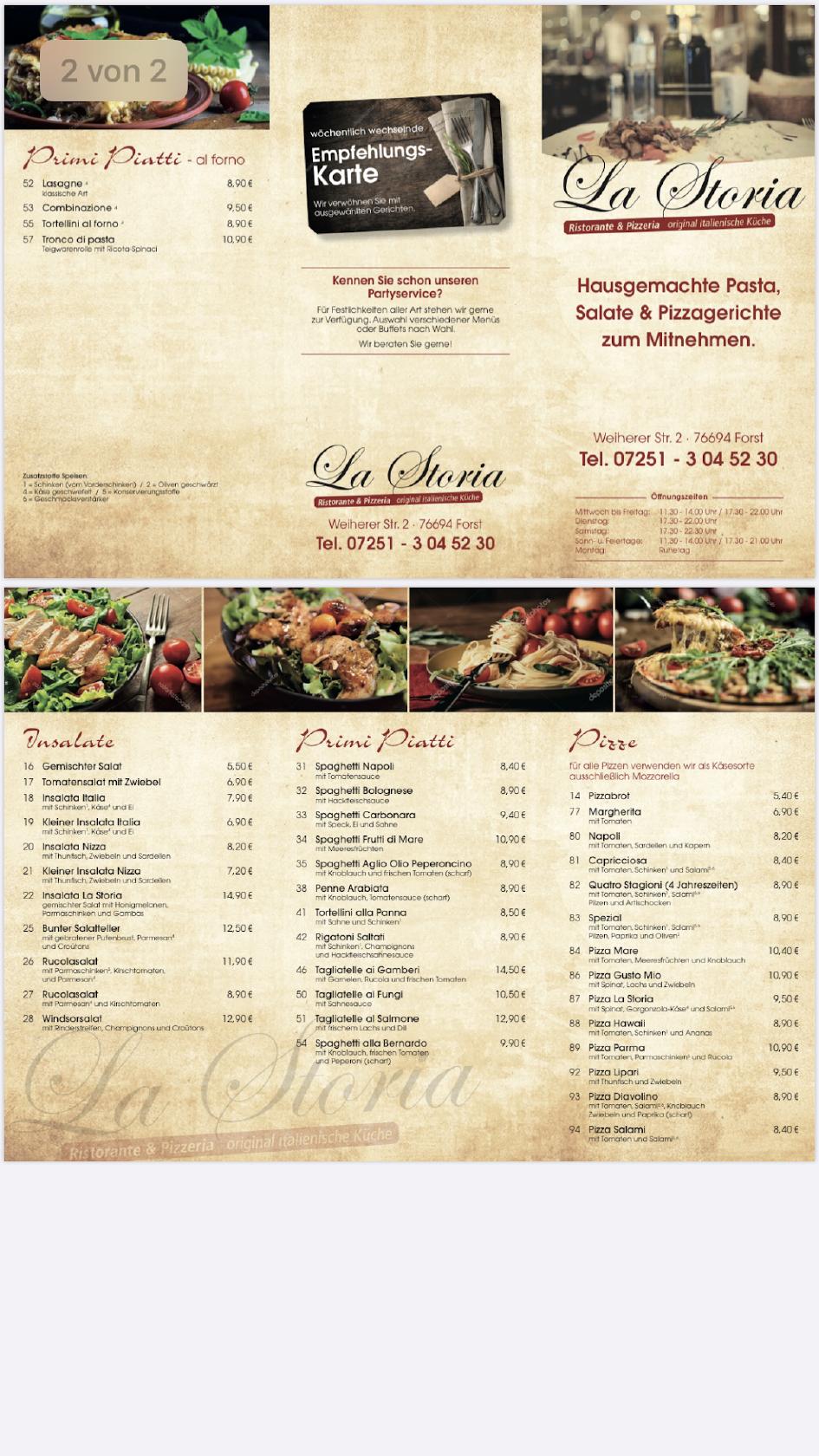 Speisekarte von La Storia Restaurant and Pizzeria, Forst