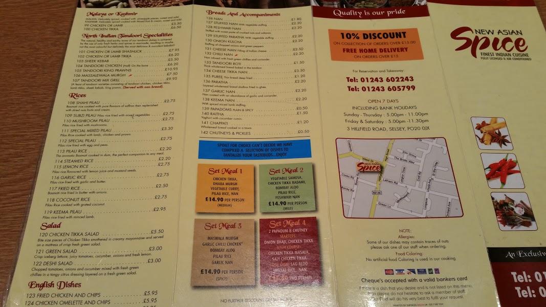 Menu at New Asian Spice restaurant, Selsey