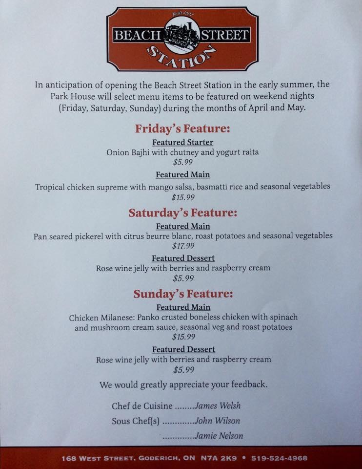 Menu at Park House Bar & Restaurant, Goderich