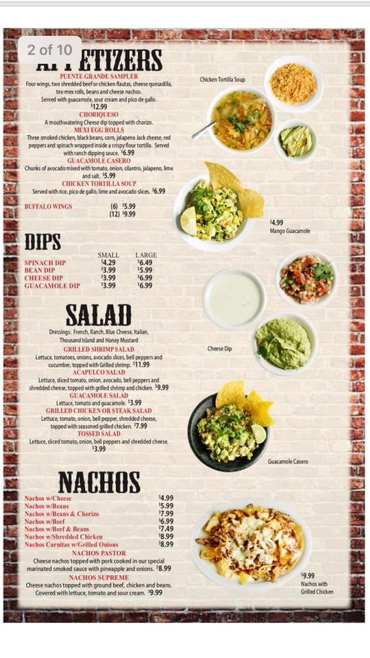 Menu at Puente Grande restaurant, Lawrenceburg