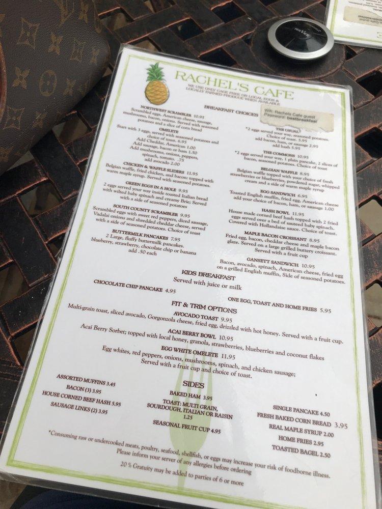 Menu at Rachel's Cafe, South Kingstown