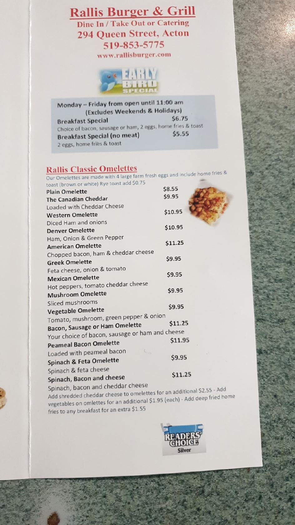 Menu at Rallis Burger & Grill restaurant, Acton