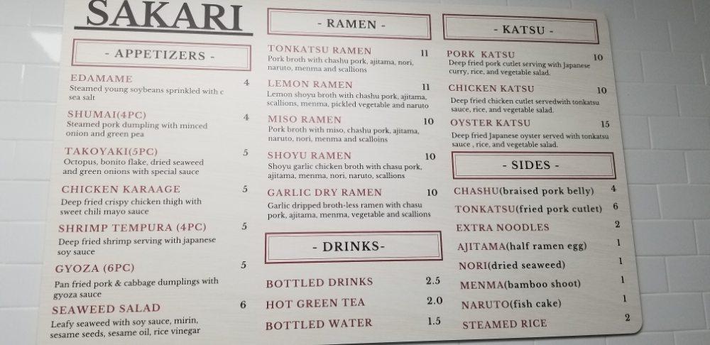 Menu at Sakari Ramen restaurant, Grand Prairie