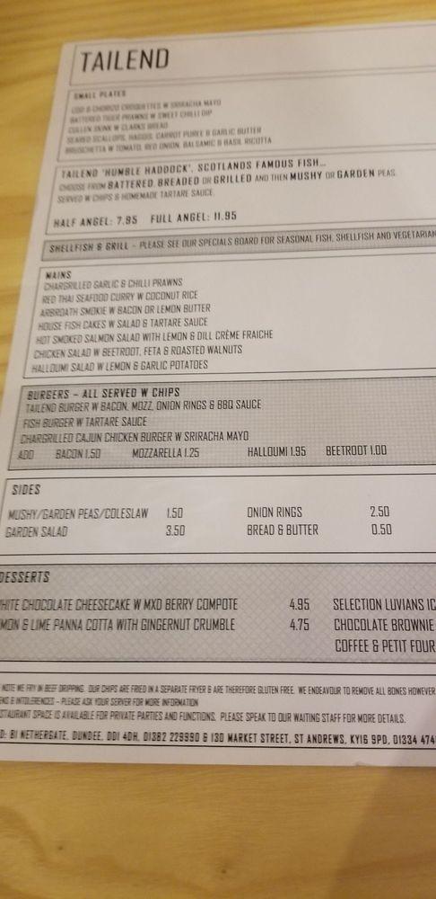 Menu at Tailend restaurant, Dundee