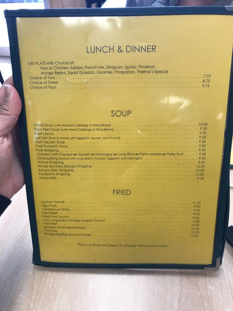 Menu at Thelma's Restaurant, Waipahu