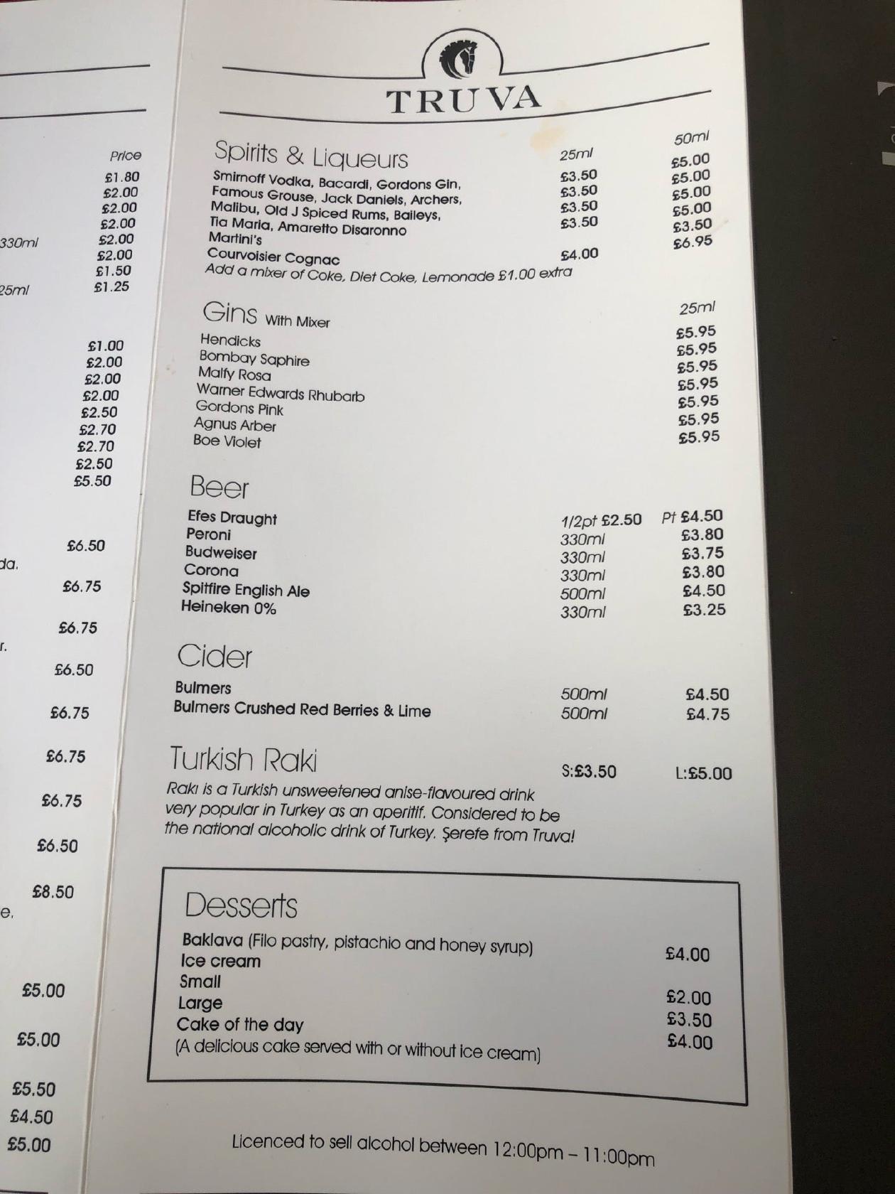 Menu at Truva Lounge Cocktail Bar, Towcester
