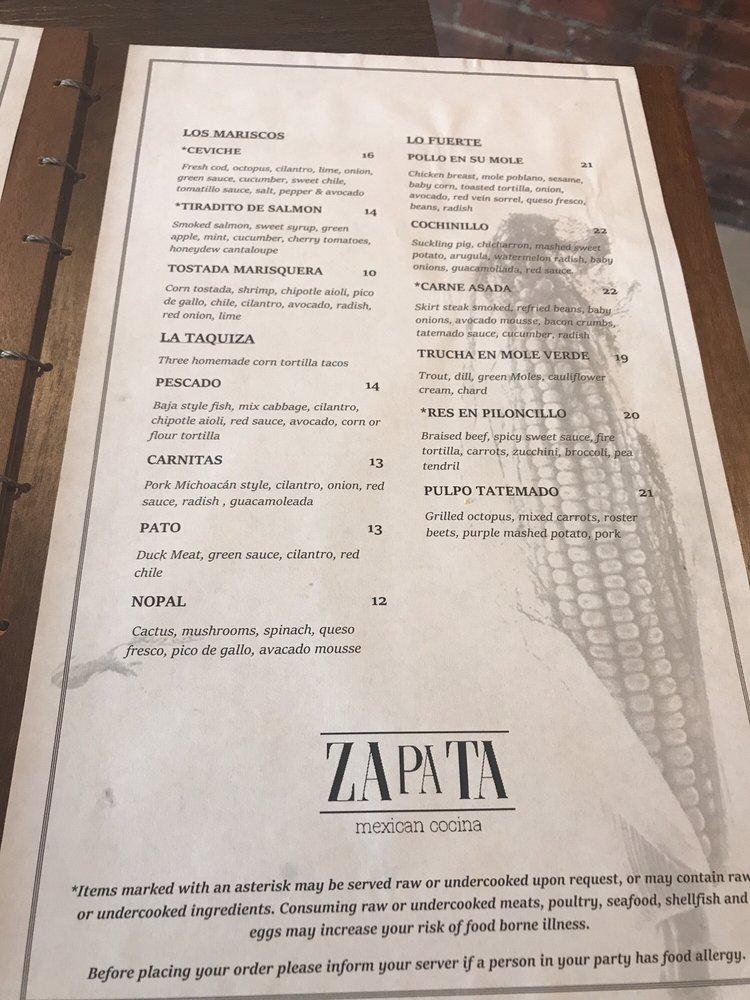 Menu at ZAPATA MEXICAN COCINA restaurant, Fitchburg