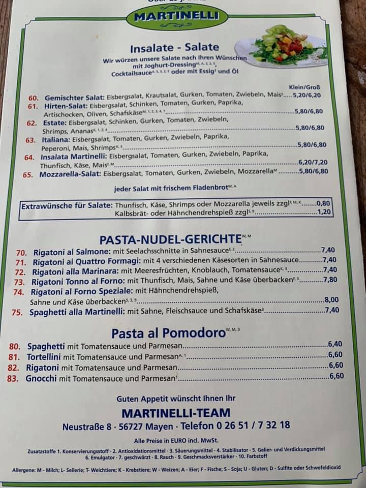 Speisekarte von Pizzeria Martinelli, Mayen
