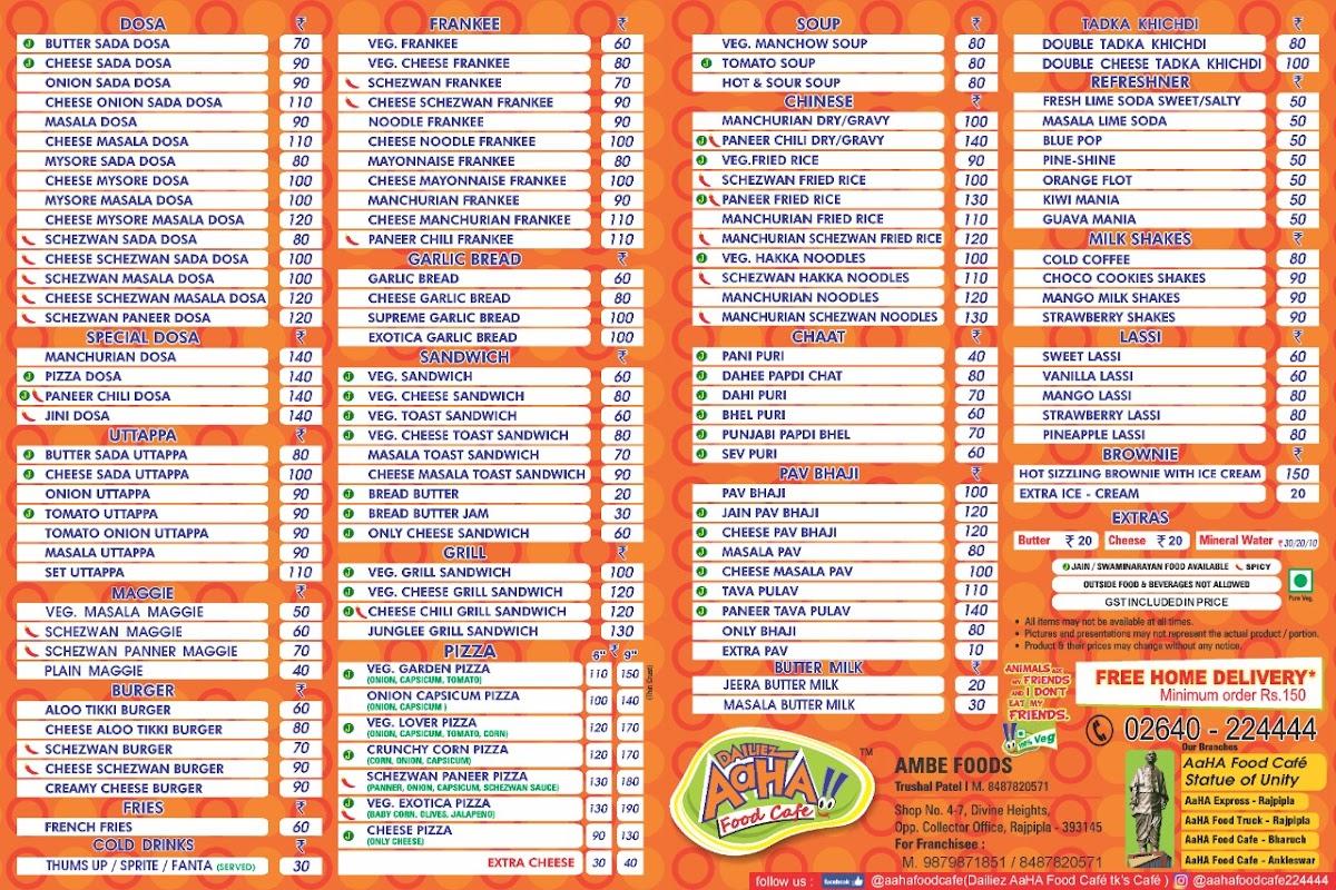 Menu at AaHA Food Cafe, Rajpipla