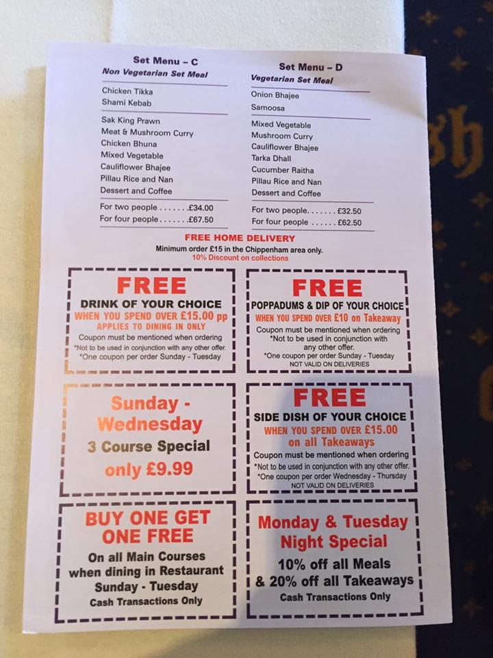 Menu at Akash Indian Tandoori Restaurant, Chippenham