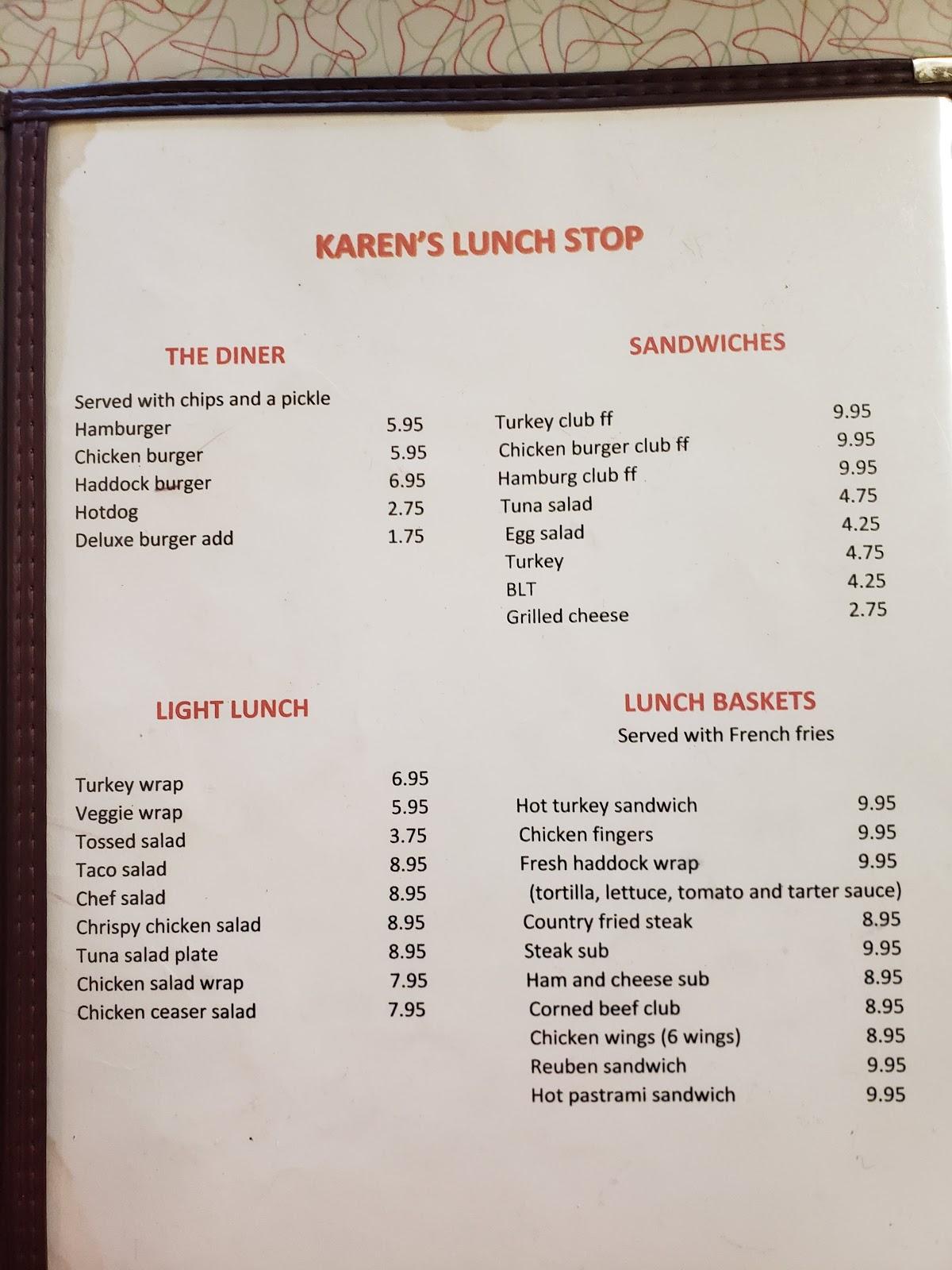Menu at Karen's Main Street Diner restaurant, Calais