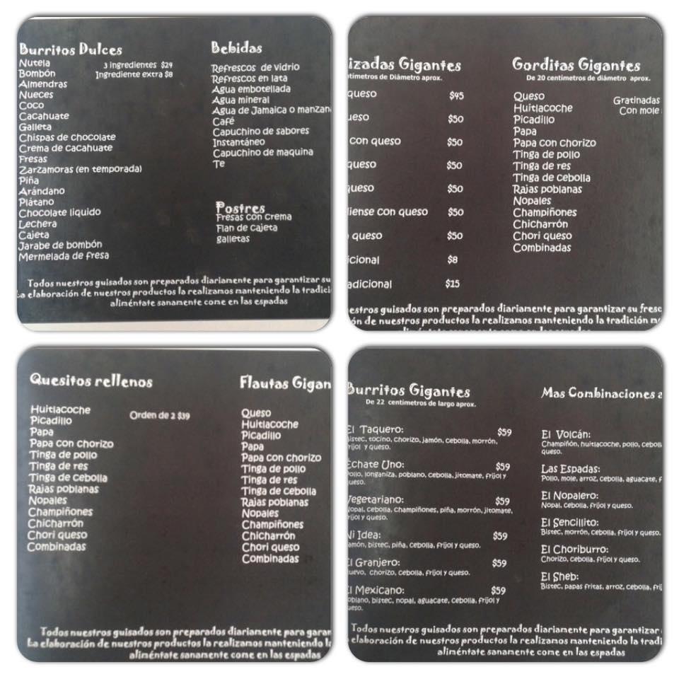 Menu at Las Espadas quesadillas gigantes restaurant, Mexico City