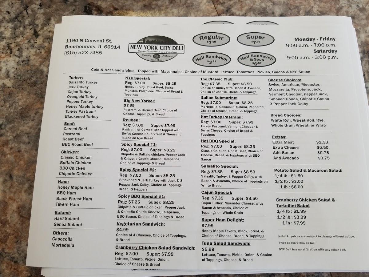 Menu at New York City Deli restaurant, Bourbonnais