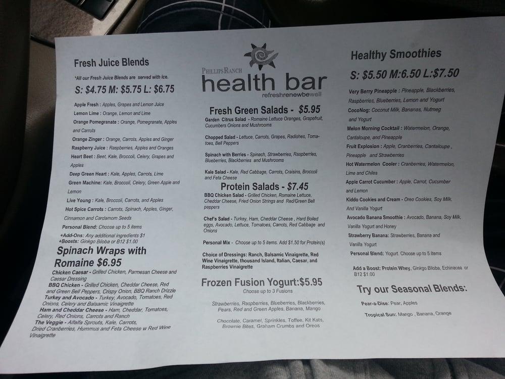 Menu at Phillips Ranch Health Bar, Pomona, W Temple Ave