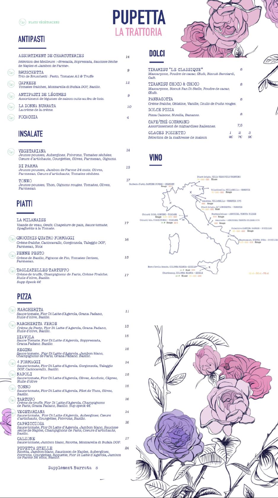 Menu at Pupetta Marais restaurant, Paris, 7 Rue François Miron