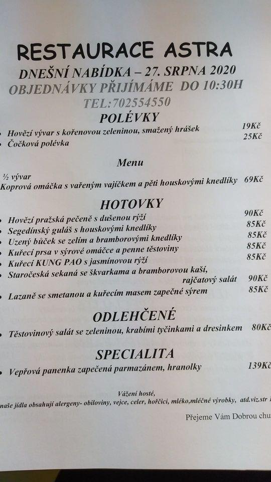 Menu at Tankovka Astra restaurant, Kadaň